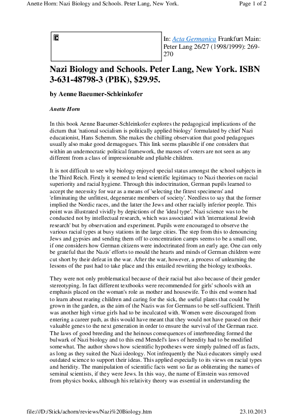 (PDF) 1999 Nazi Biology and Schools. Peter Lang, New York. ISBN 3-631 ...