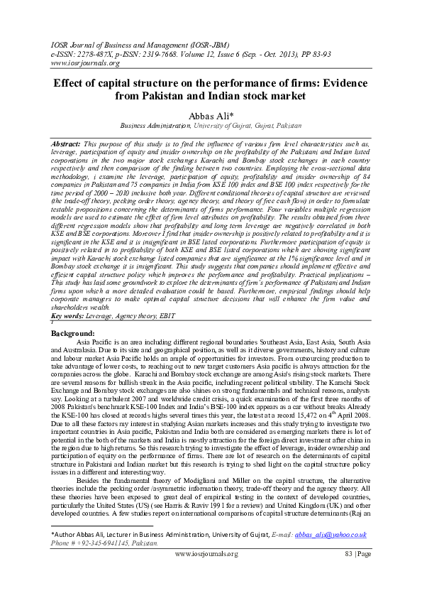 (PDF) Effect of capital structure on the performance of firms: Evidence from Pakistan and Indian ...