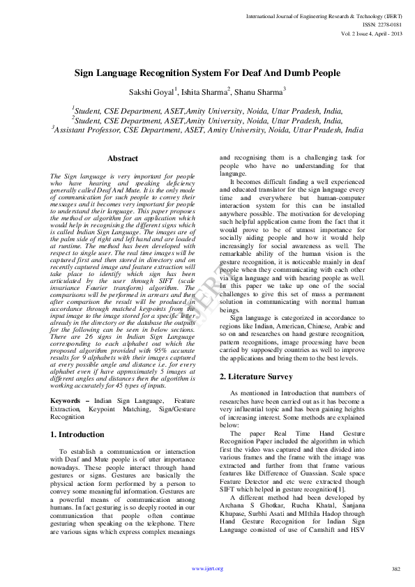 (PDF) Sign Language Recognition System For Deaf And Dumb People