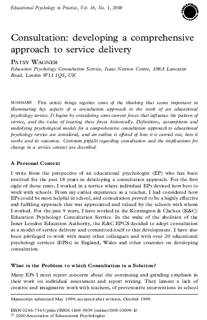 (PDF) Consultation: developing a comprehensive approach to service delivery