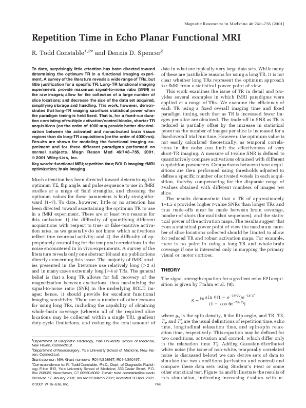 Repetition Time in Echo Planar Functional MRI