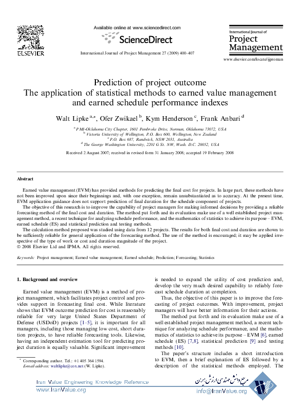 Pdf Prediction Of Project Outcome The Application Of Statistical Methods To Earned Value