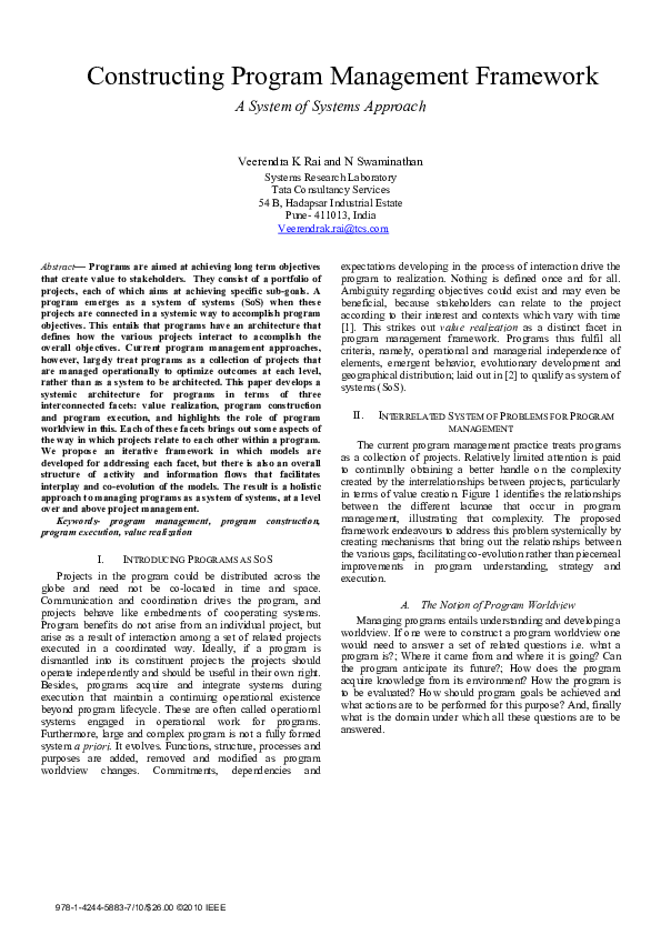 (PDF) Constructing Program Management Framework- A System of Systems Approach
