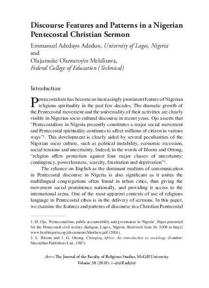 (PDF) Discourse Features and Patterns in a Nigerian Pentecostal ...