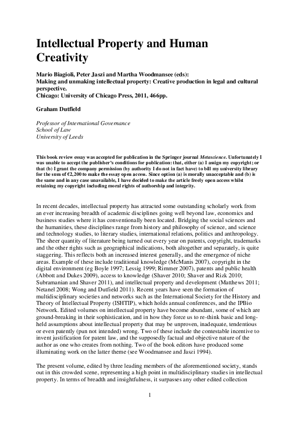 (PDF) Intellectual Property and Human Creativity. Review of Mario ...