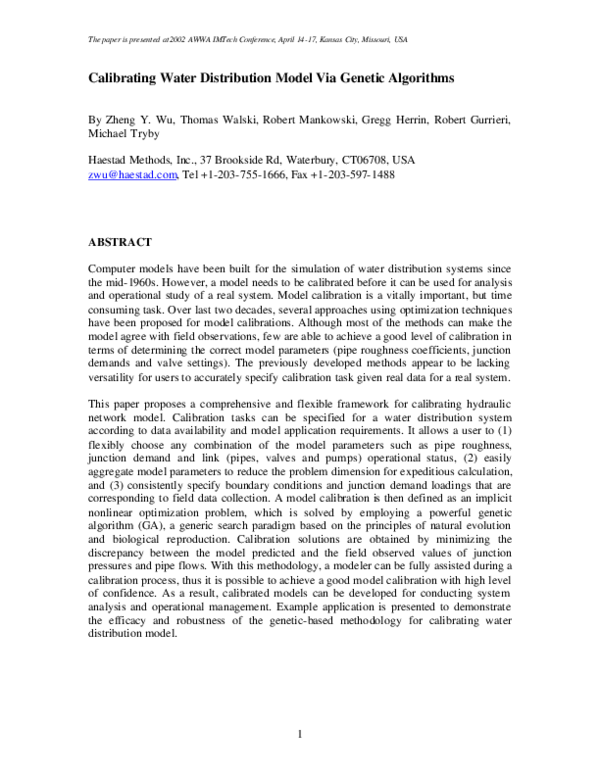 Pdf Calibrating Water Distribution Model Via Genetic Algorithms Robert Mankowski