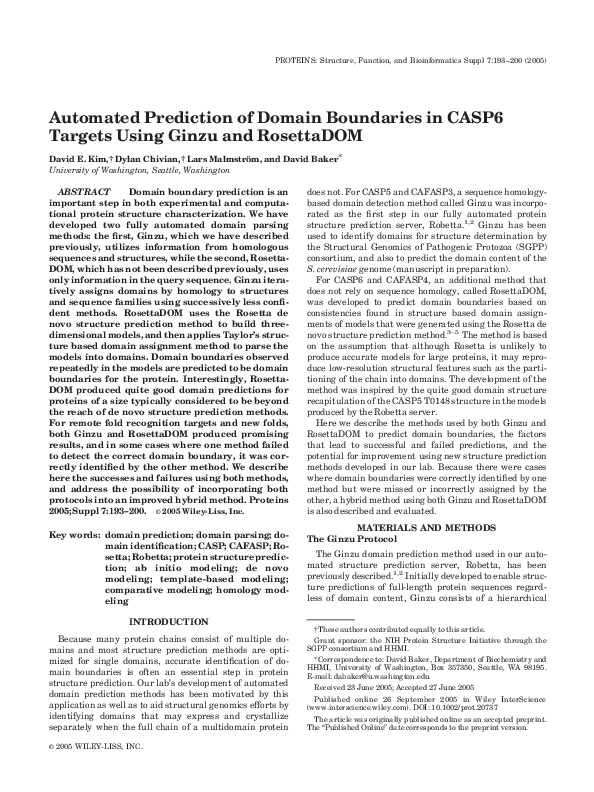 (PDF) Automated prediction of domain boundaries in CASP6 targets using Ginzu and Rosetta DOM ...