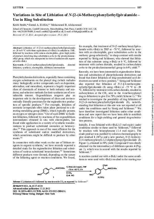 (PDF) LETTER 117 letter Variations in Site of Lithiation of N-[2-(4 ...