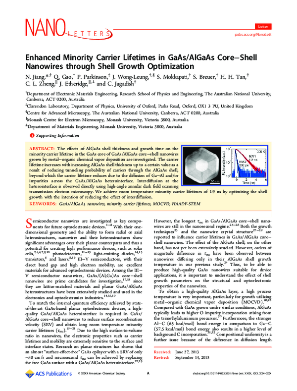 (PDF) Enhanced Minority Carrier Lifetimes in GaAs/AlGaAs Core−Shell Nanowires through Shell ...