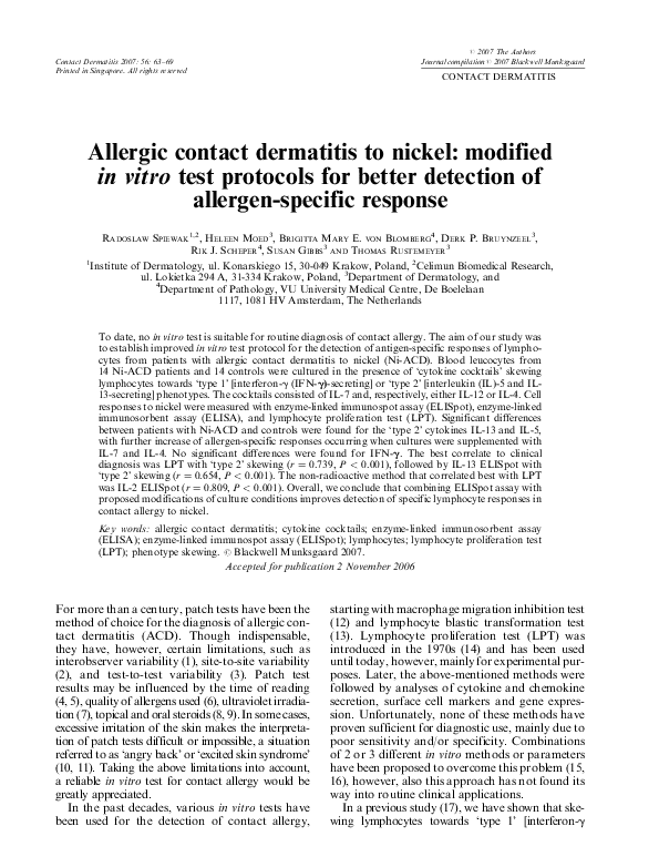 (PDF) Allergic contact dermatitis to nickel: modified in vitro test ...