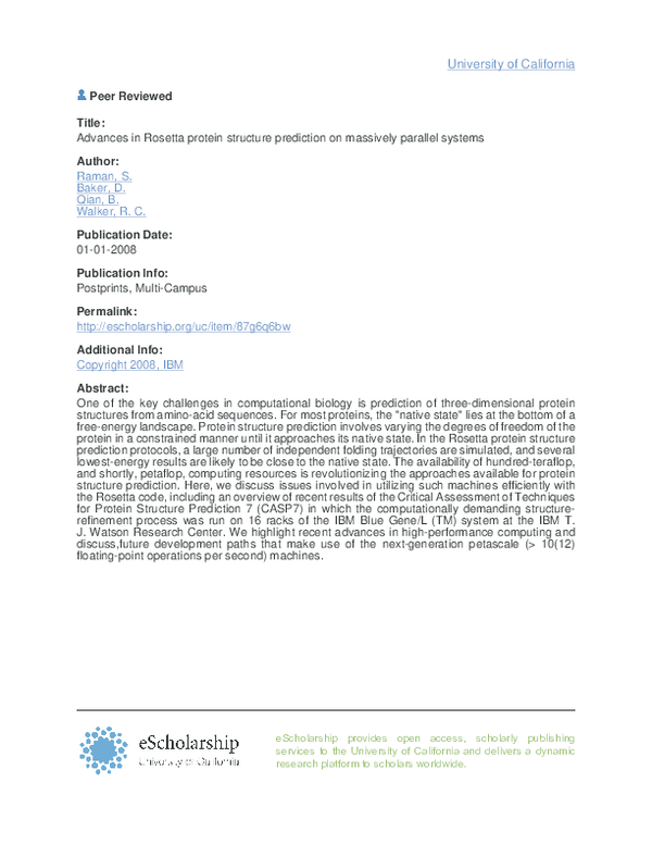 (PDF) Advances in Rosetta protein structure prediction on massively ...