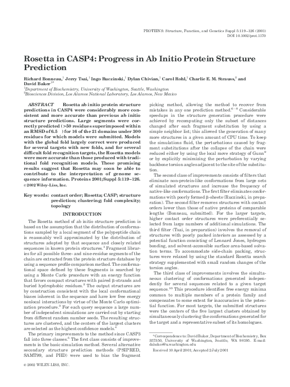 (PDF) Rosetta in CASP4: progress in ab initio protein structure prediction.