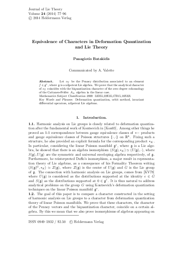 (PDF) Equivalence of Characters in Deformation Quantization and Lie Theory