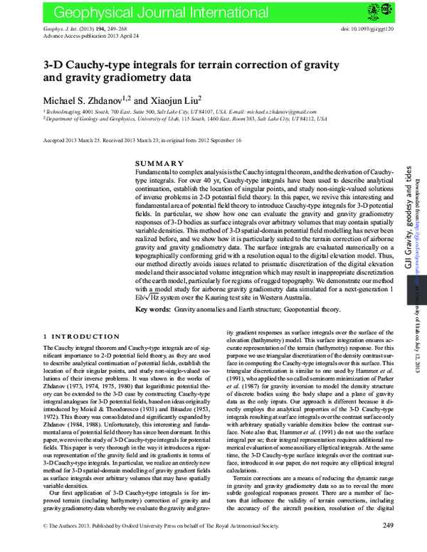 (PDF) Geophysical Journal International 3-D Cauchy-type integrals for terrain correction of ...