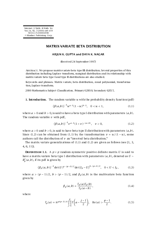 Pdf Matrix Variate Beta Distribution