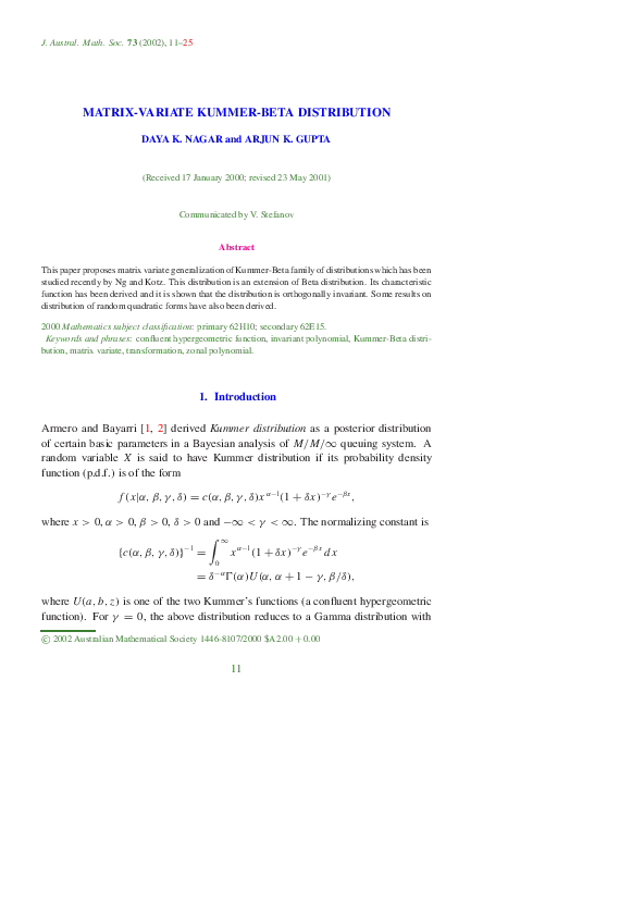 (PDF) Matrix-variate Kummer-Beta distribution