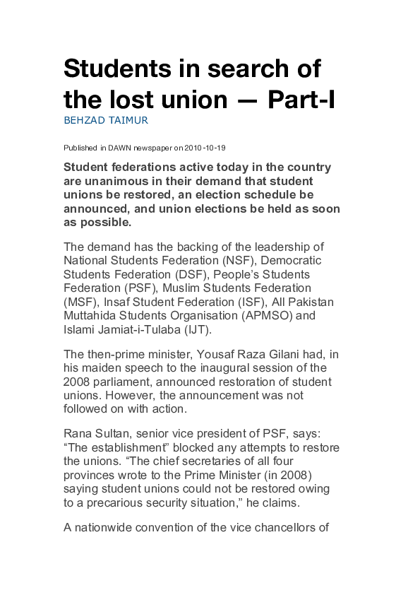 (PDF) Student Unions in Pakistan by Behzad Taimur (Published in DAWN ...