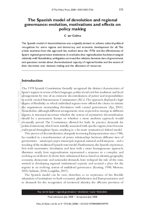 (PDF) The Spanish model of devolution and regional governance ...