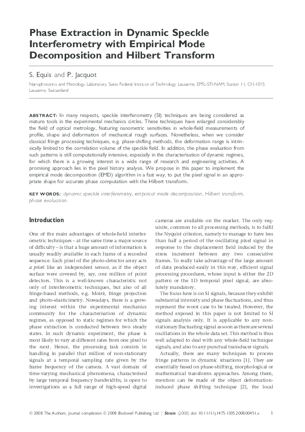 Phase Extraction in Dynamic Speckle Interferometry with Empirical Mode Decomposition and Hilbert ...