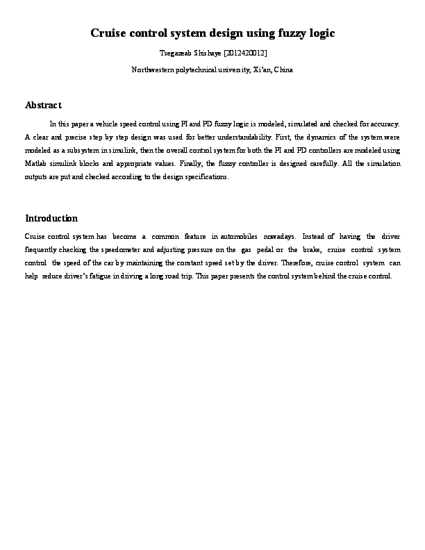 Pdf Cruise Control System Design Using Fuzzy Logic Step By Step Help