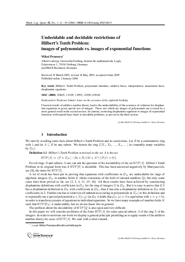 (PDF) Undecidable and decidable restrictions of Hilbert's Tenth Problem ...