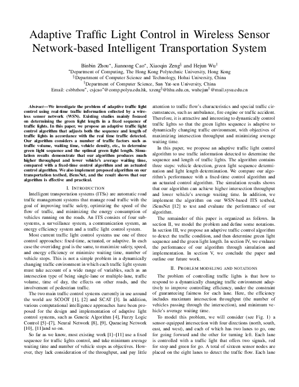 Pdf Adaptive Traffic Light Control In Wireless Sensor Network Based
