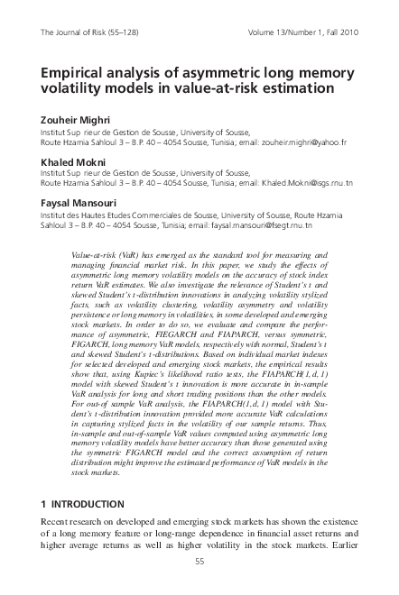 Pdf Empirical Analysis Of Asymmetric Long Memory Volatility Models In Value At Risk Estimation