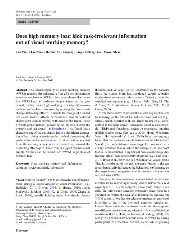 (PDF) Does high memory load kick task-irrelevant information out of visual working memory?
