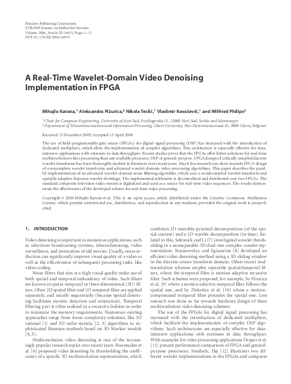 (PDF) Real-time wavelet domain video denoising implemented in FPGA