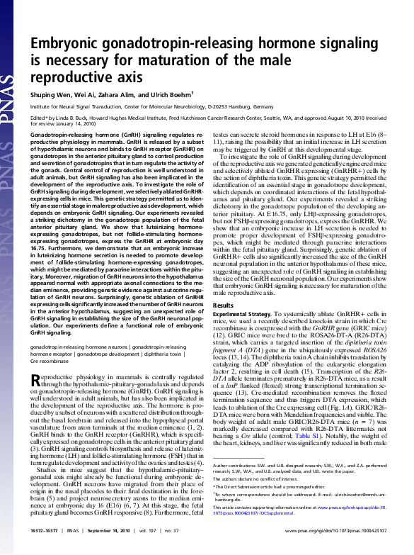 Embryonic gonadotropin-releasing hormone signaling is necessary for ...