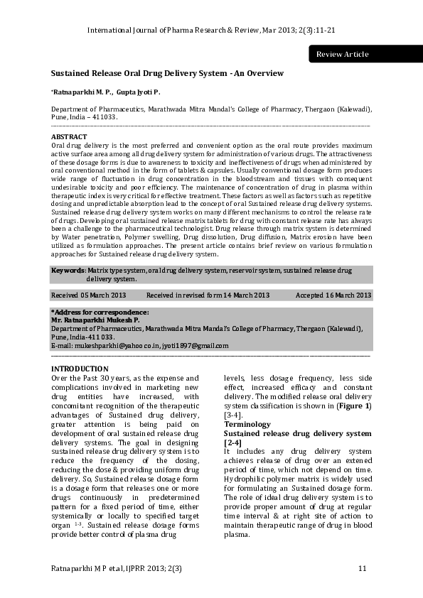 Pdf Sustained Release Oral Drug Delivery System An Overview