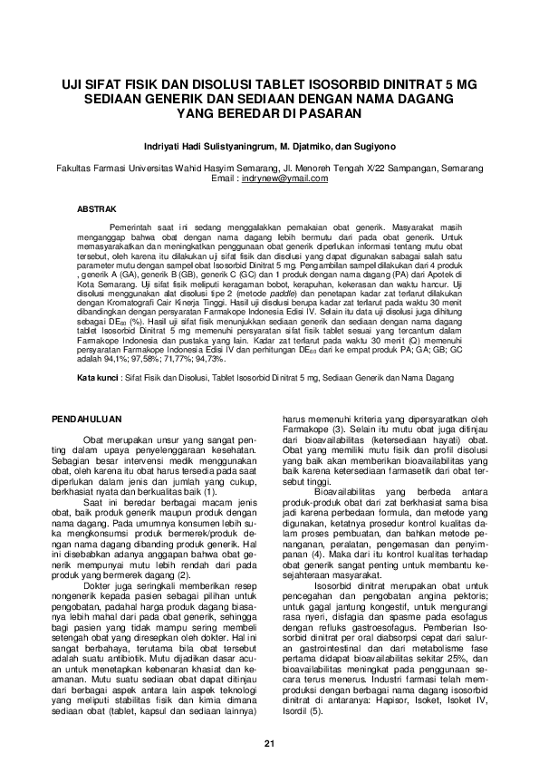 (PDF) UJI SIFAT FISIK DAN DISOLUSI TABLET ISOSORBID DINITRAT 5 MG ...
