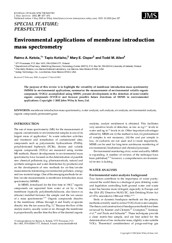 (PDF) Environmental applications of membrane introduction mass spectrometry