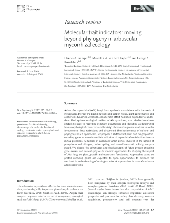 (PDF) Molecular trait indicators: moving beyond phylogeny in arbuscular mycorrhizal ecology