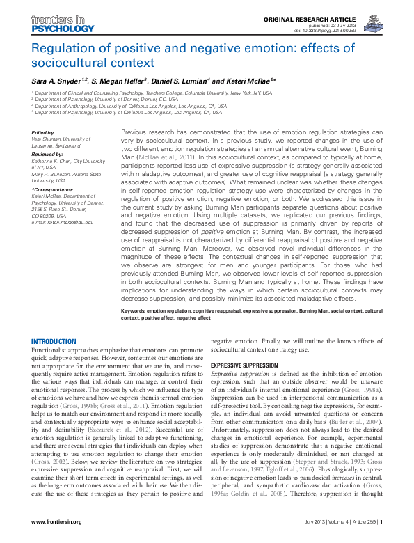 (PDF) Regulation of Positive and Negative Emotion: Effects of ...