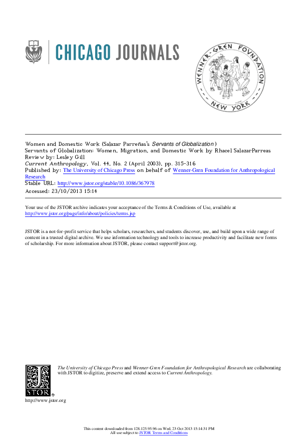 (PDF) Women and Domestic Work (Salazar Parreñas's Servants of ...