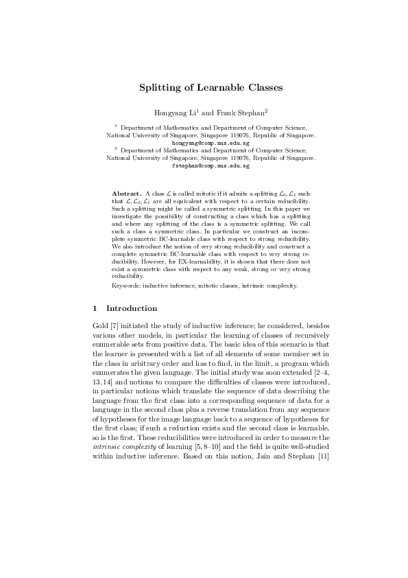 (PDF) Splitting of Learnable Classes