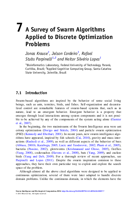 Pdf 7 A Survey Of Swarm Algorithms Applied To Discrete Optimization Problems Cholavendhan S