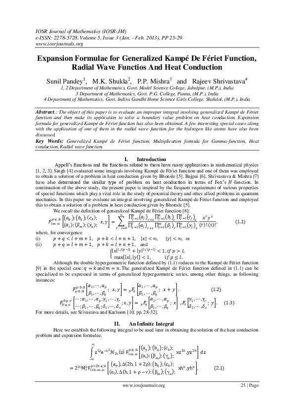 Pdf Expansion Formulae For Generalized Kampé De Fériet Function Radial Wave Functios And Heat