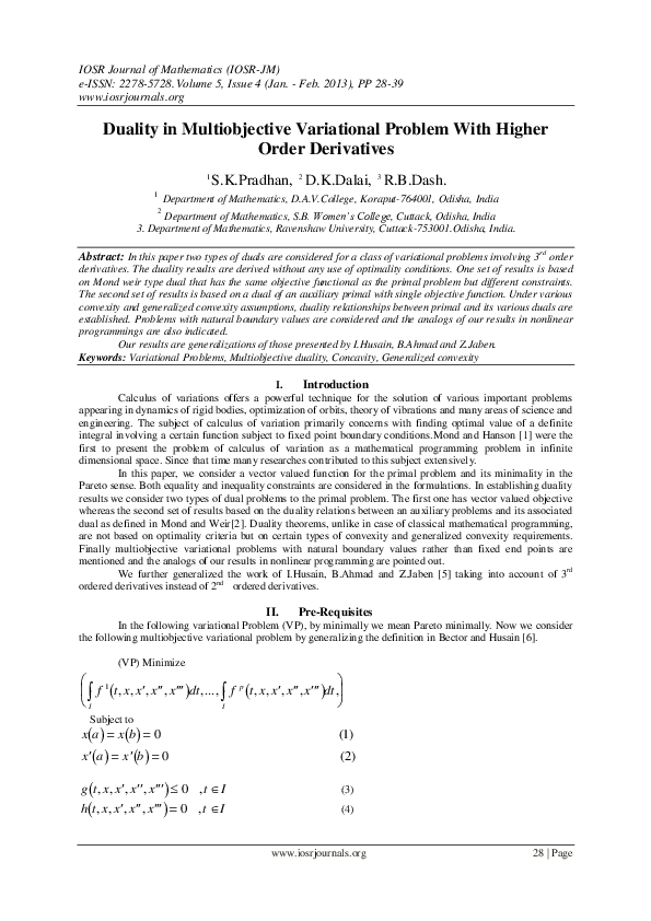 (PDF) Duality in Multiobjective Variational Problem With Higher Order Derivatives
