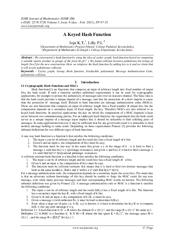 Pdf A Keyed Hash Function Iosr Journals