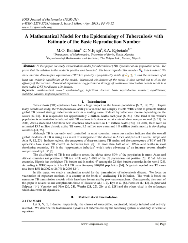 (PDF) A Mathematical Model for the Epidemiology of Tuberculosis with ...