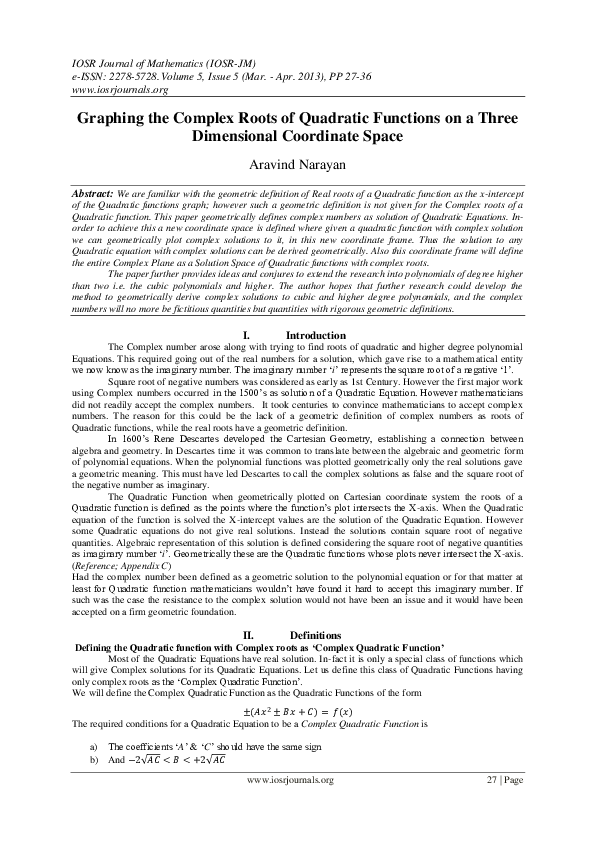 (PDF) Graphing the Complex Roots of Quadratic Functions on a Three Dimensional Coordinate Space
