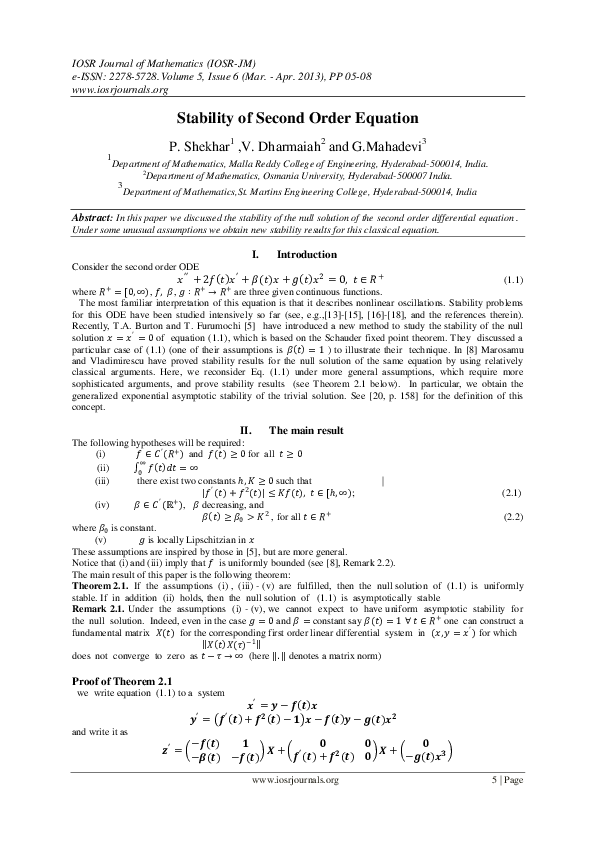 (PDF) Stability of Second Order Equation