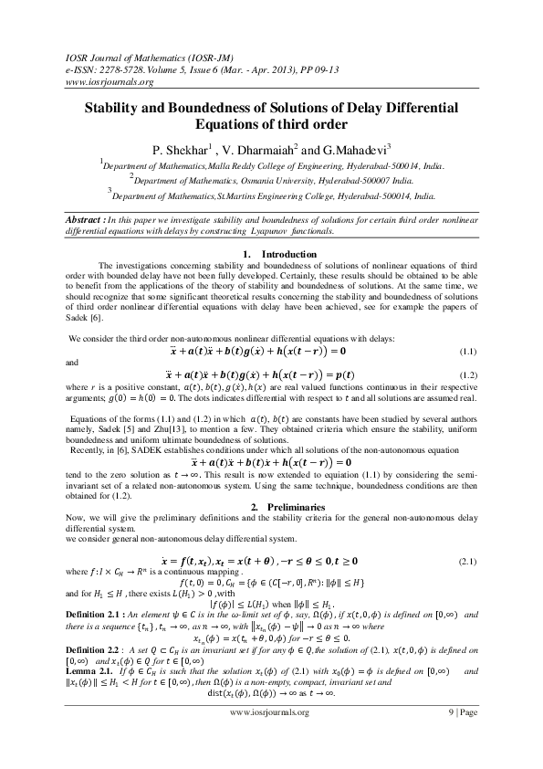 (PDF) Stability and Boundedness of Solutions of Delay Differential Equations of third order