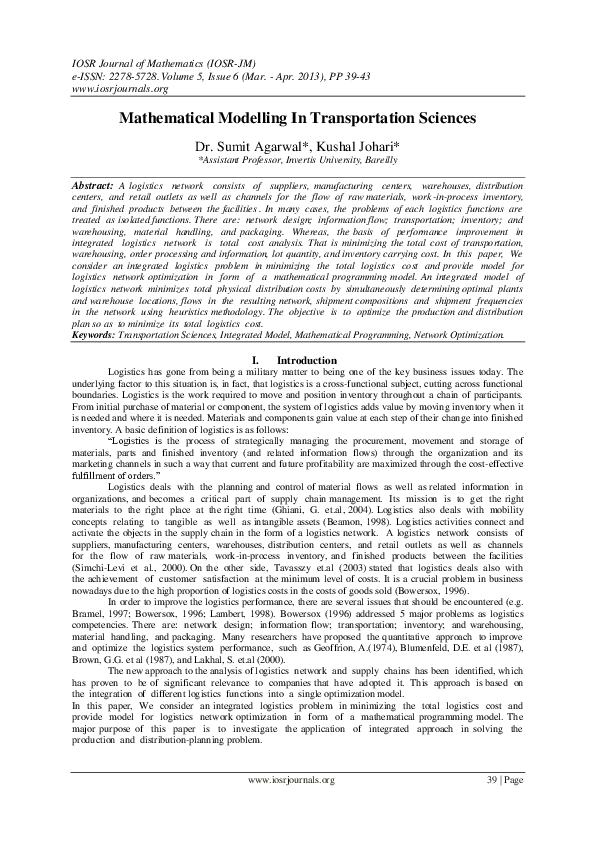 Pdf Mathematical Modelling In Transportation Sciences