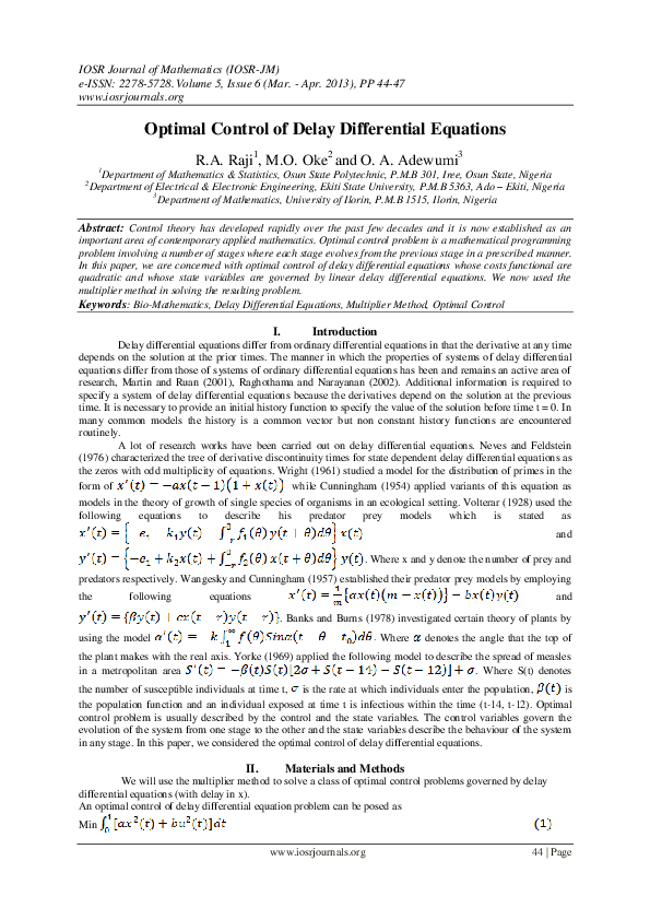 (PDF) Optimal Control of Delay Differential Equations