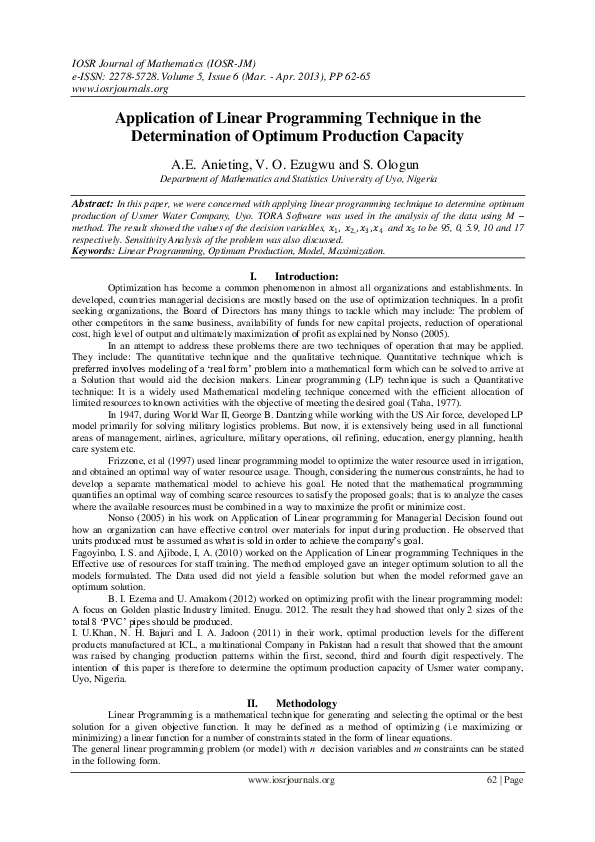 (PDF) Application of Linear Programming Technique in the Determination ... (PDF) Application of Linear Programming Technique in the Determination ...