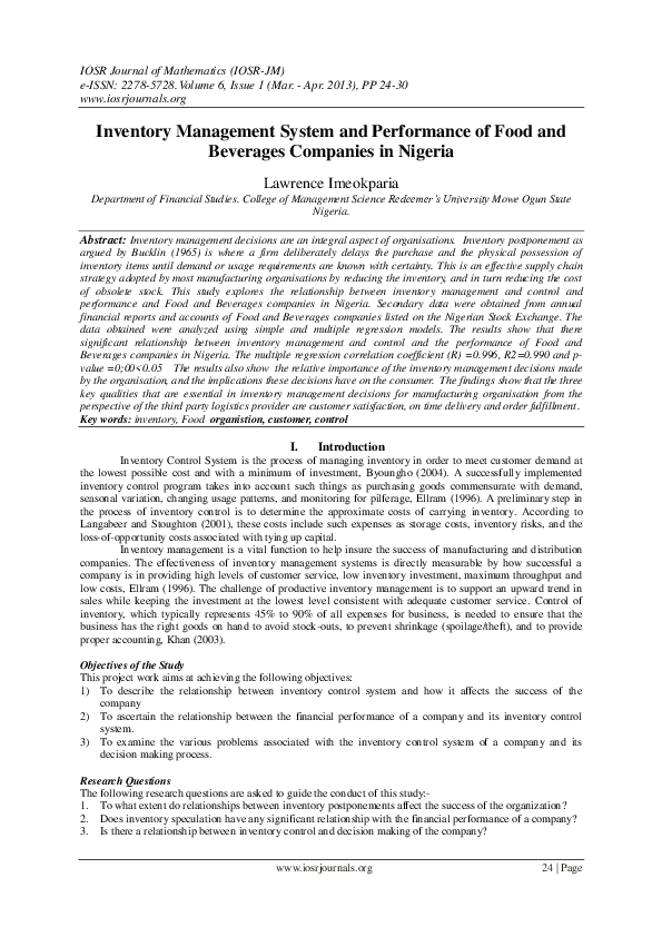 (PDF) Inventory Management System and Performance of Food and Beverages ...