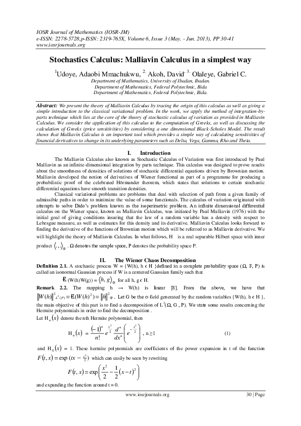 Pdf Stochastics Calculus Malliavin Calculus In A Simplest Way Iosr Journals